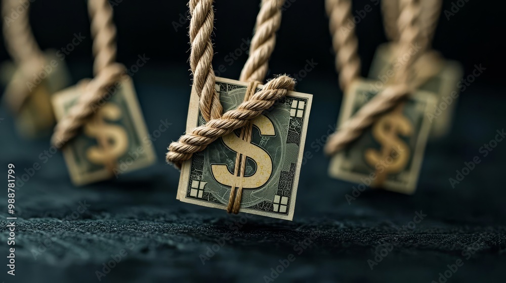 Financial burden depicted by a rope tightly binding currency symbols ...