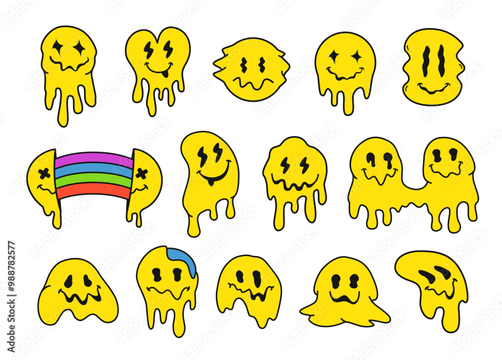 Vetor de Trippy smile faces. Drippy melted emoji face, funny blob ...