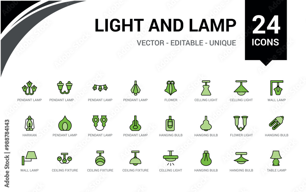 Light and lamps colorful icons set. Set of ceiling light. Outline icon ...