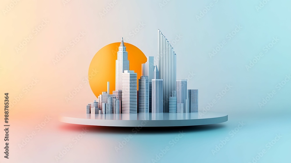 A modern city skyline is depicted with a stylized sun in the background ...