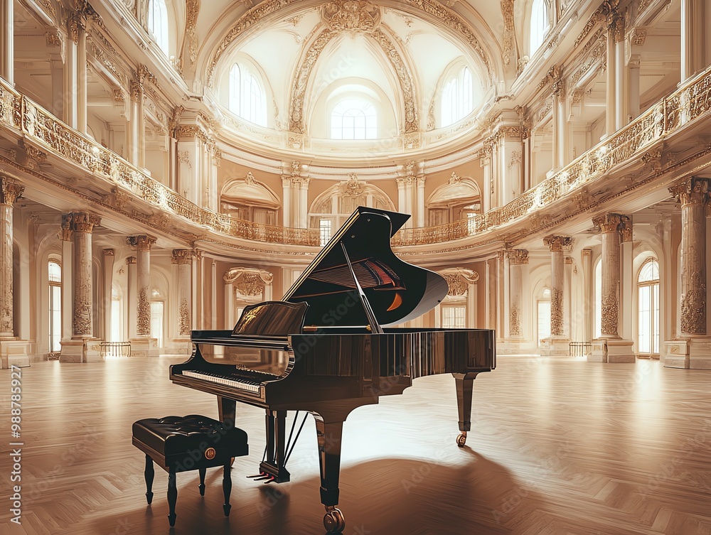 A grand piano soloist performing in a classical concert hall, the sound ...