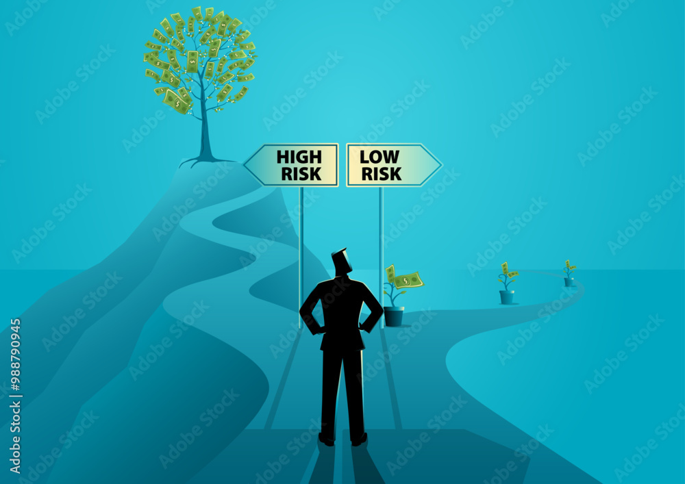 Man standing at a crossroads, choosing between two paths, a challenging ... Man standing at a crossroads, choosing between two paths, a challenging ...