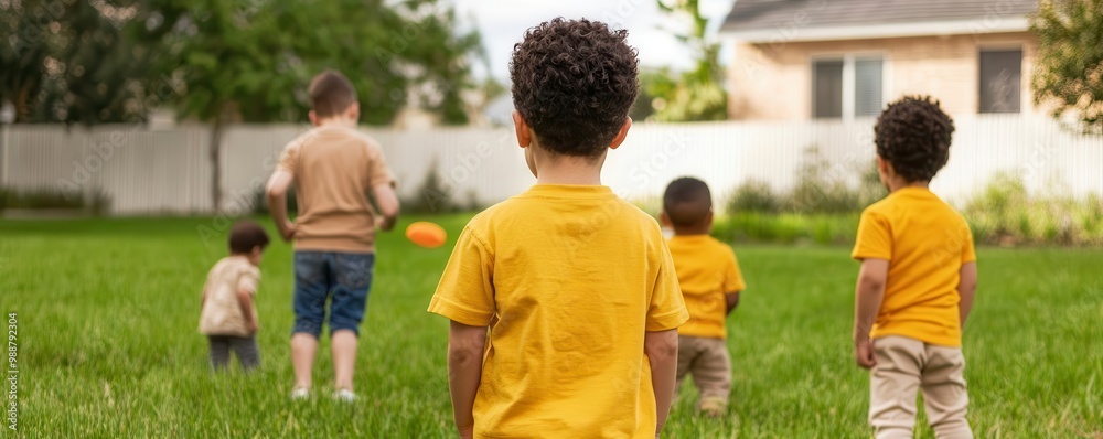 Caregivers and children playing a group game of catch in the daycare s ...