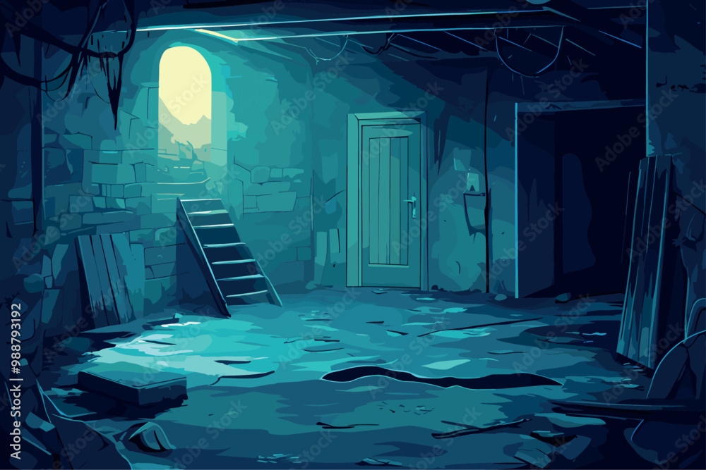 Location of damp dark basement. Spooky place. Concrete walls poor light ...