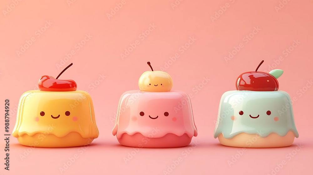 Three adorable cartoon cakes with smiling faces and cherry toppings on ...