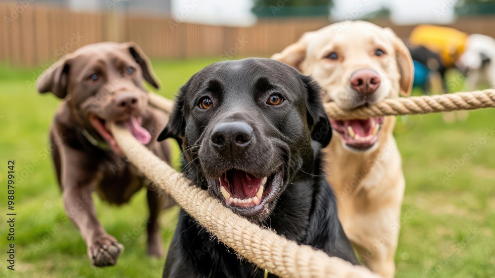 Dogs playing tug-of-war with a long rope, each pulling eagerly in a fun ...