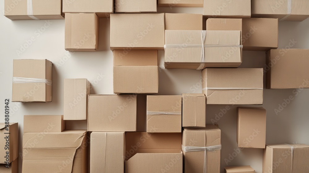 A pile of taped cardboard boxes in various sizes, organized neatly on a ...