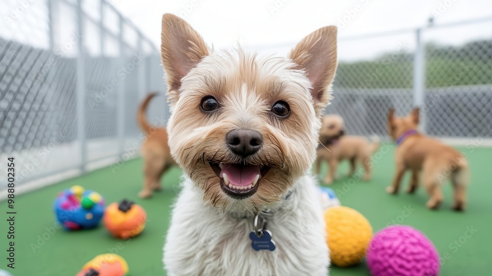 Group of small dogs playing in a fenced-in section of a doggy daycare ...