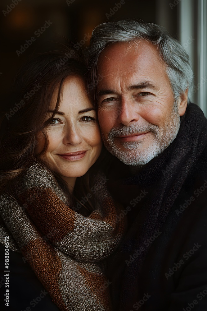 Senior wife with a joyful expression cuddling her husband from behind ...