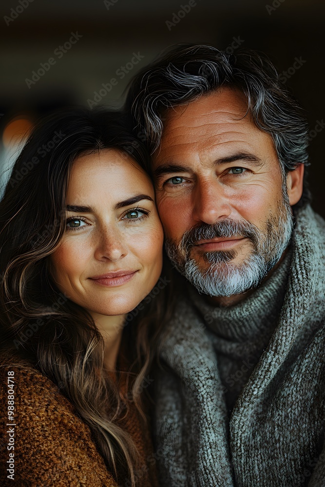 Loving mature couple in a close embrace, wife cuddling her husband from ...