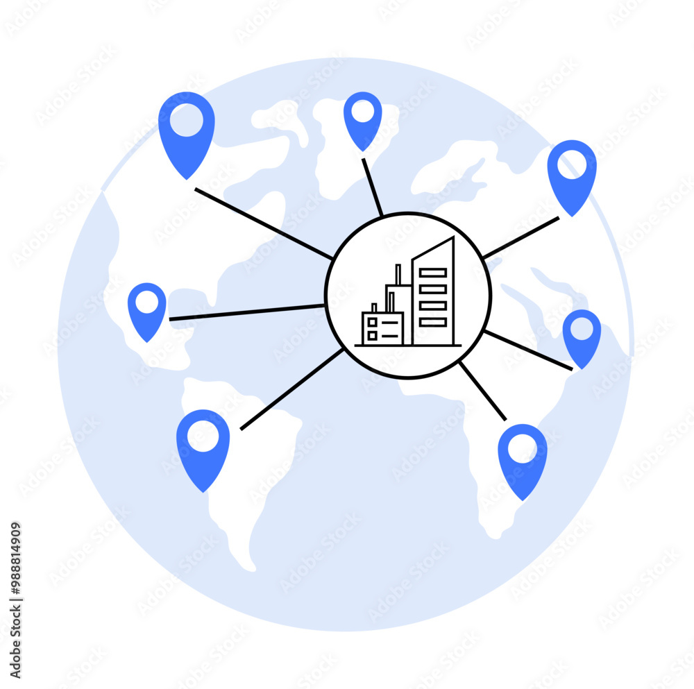 Central building icon connected to blue location markers spread ...