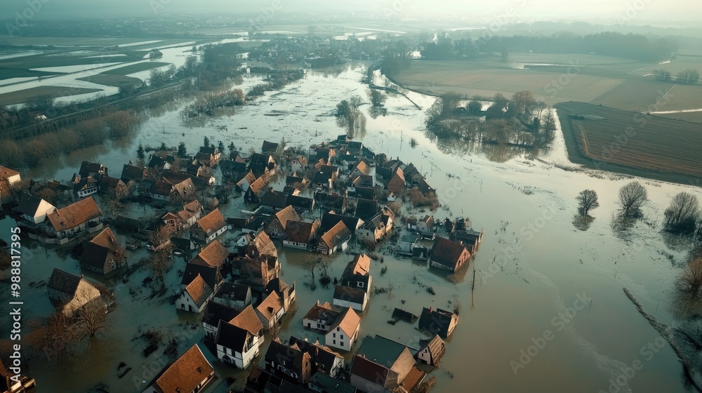 Flood disaster seen from above, a once-thriving town now drowning in ...