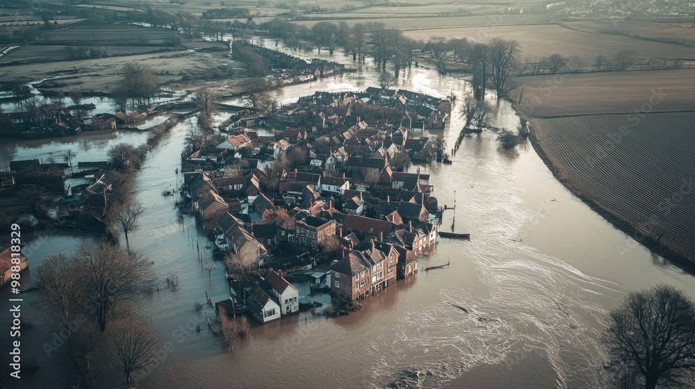 Flood disaster seen from above, a once-thriving town now drowning in ...