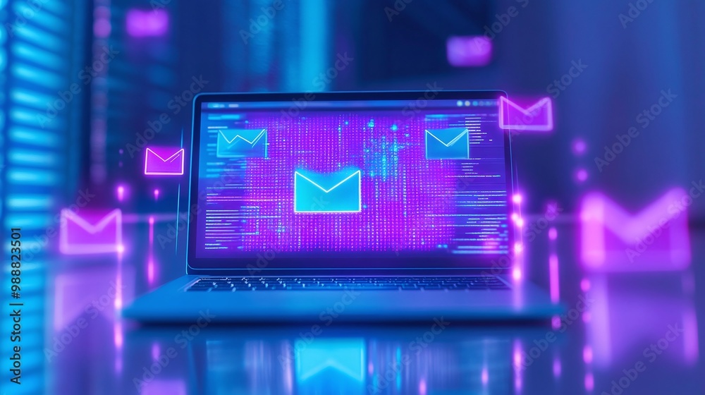 Laptop displaying digital email notifications with vibrant neon ...