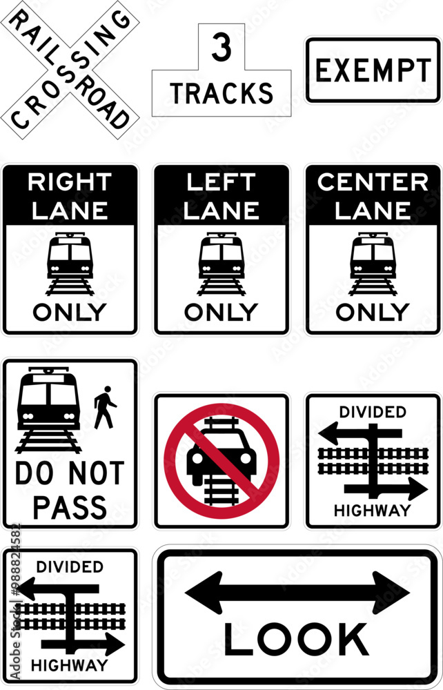 Railroad and Light Rail Crossing Signs. Crossbuck, Track Warnings, No ...