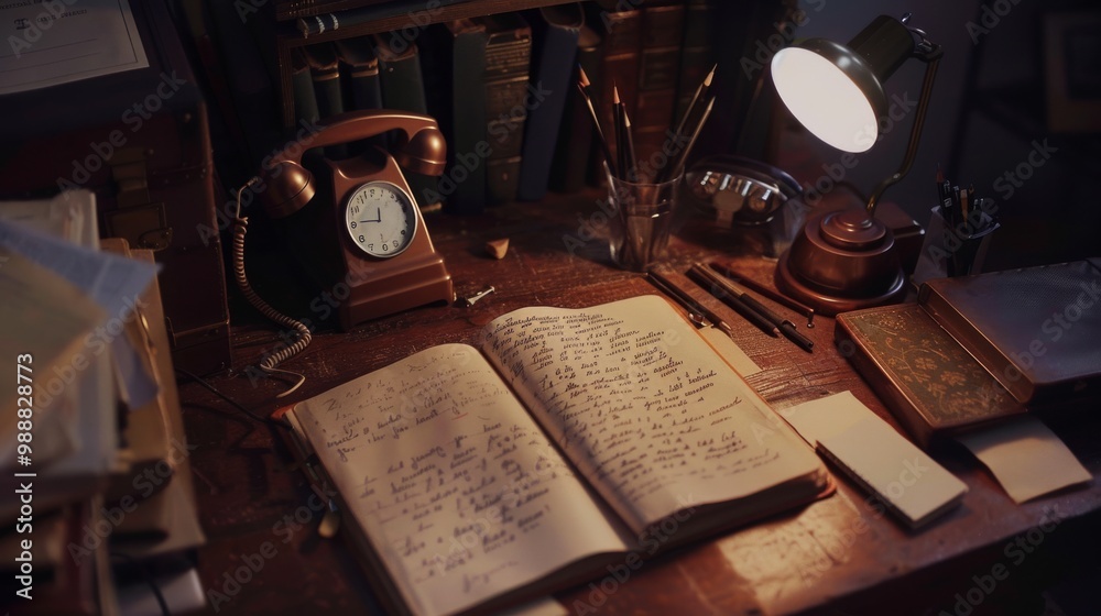 An open notebook with handwritten notes sits on a vintage desk ...
