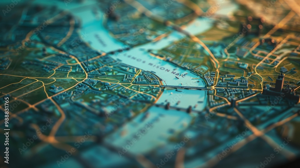 A 3D map depicts a robust urban scene along a waterway with prominent ...