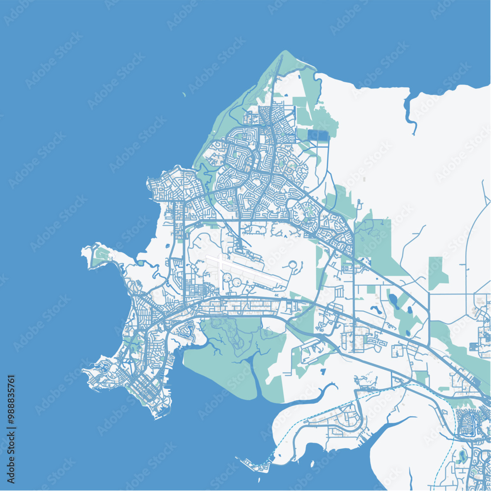 Map of Darwin in Australia in a professional blue style. Contains ...