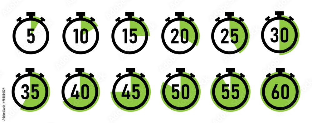 Stopwatch timer countdown clock set with 5 to 60 minutes in green color ...