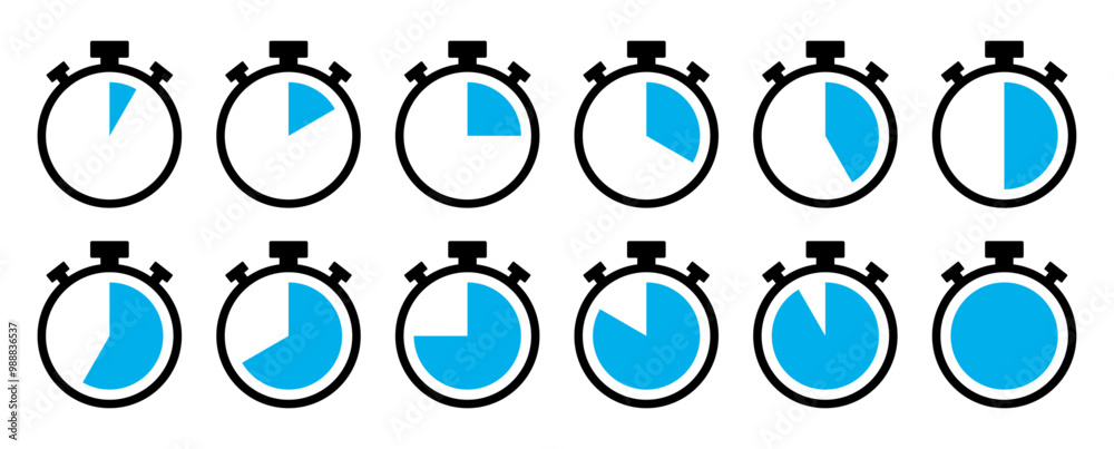 Stopwatch, timer or countdown clock icon set with 5 to 60 minutes in ...