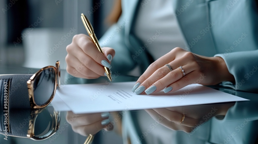 A person's hands are shown writing on a piece of paper with a gold pen ...