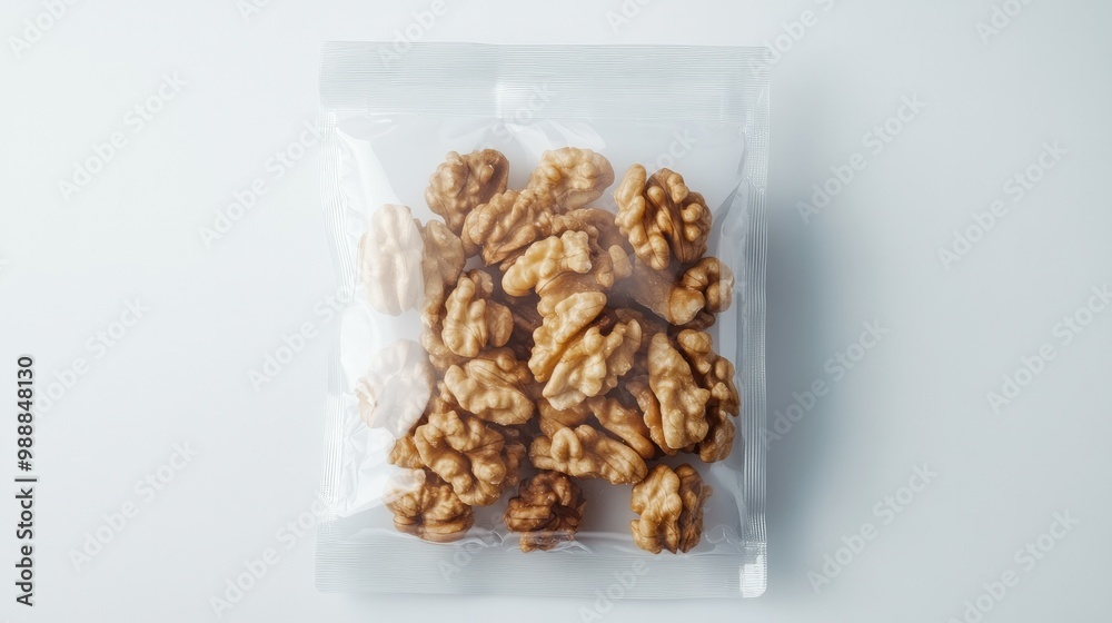 A transparent resealable pouch of walnuts with bold branding, set ...