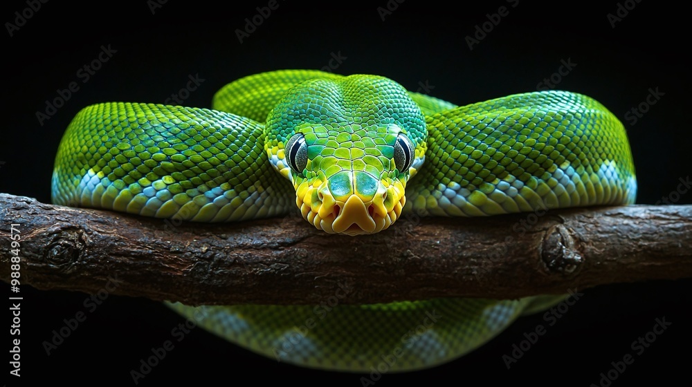 mesmerizing green python viper snake resting coiled on a branch with a ...