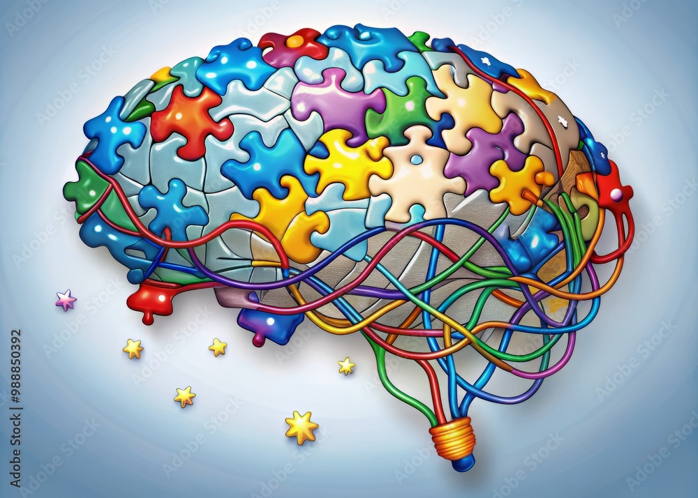 A beautifully illustrated brain with puzzle pieces and colorful ...