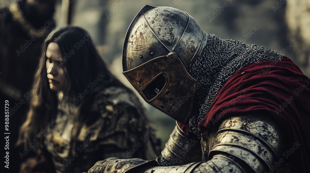 Kneeling knight. A knight in full armor kneels in front of the castle ...