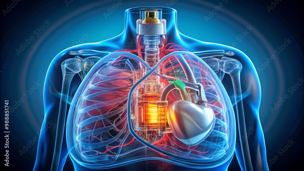 Pacemaker device illustration with a transparent or semi-transparent ...