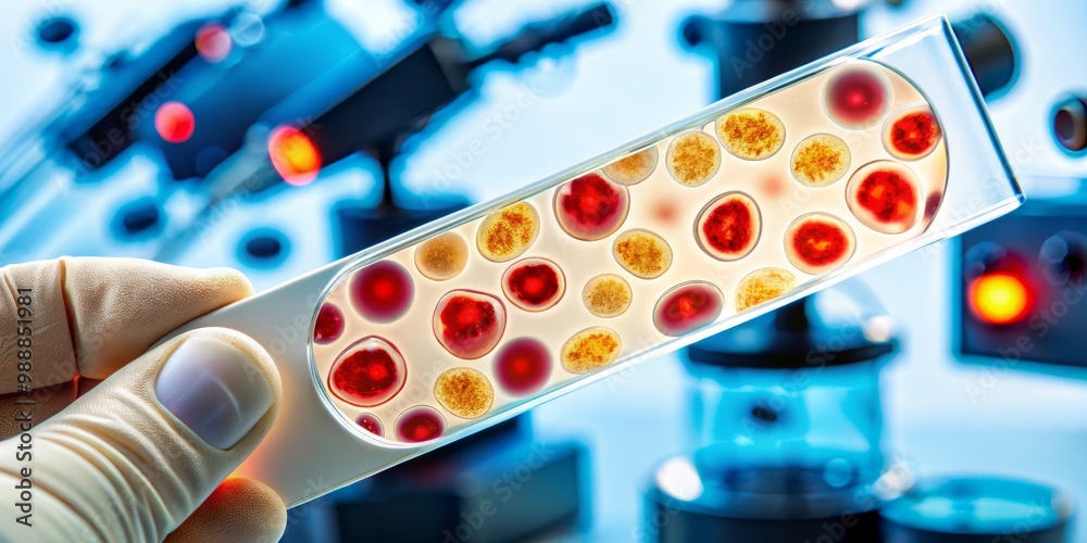 A crisp and sharp image of a microscope slide with a urine sample under ...