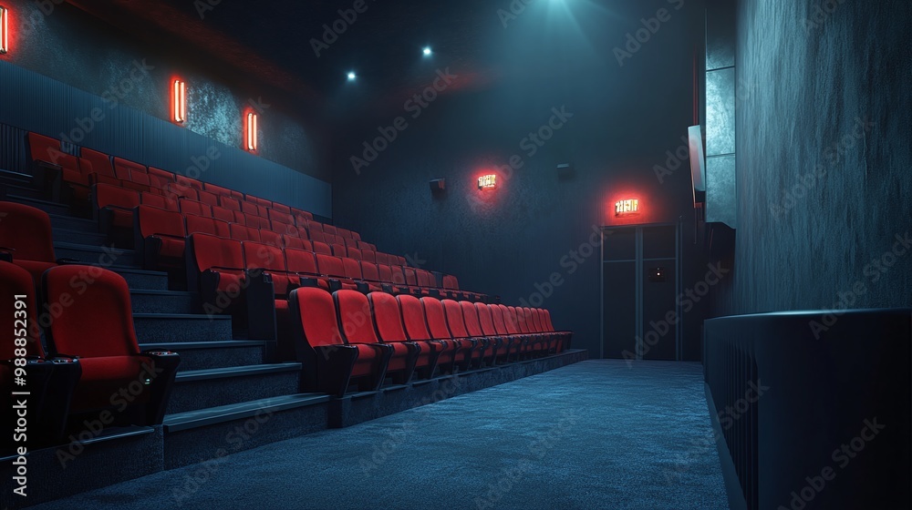 plush red seats in an empty movie theater, rows of cinema chairs inside ...
