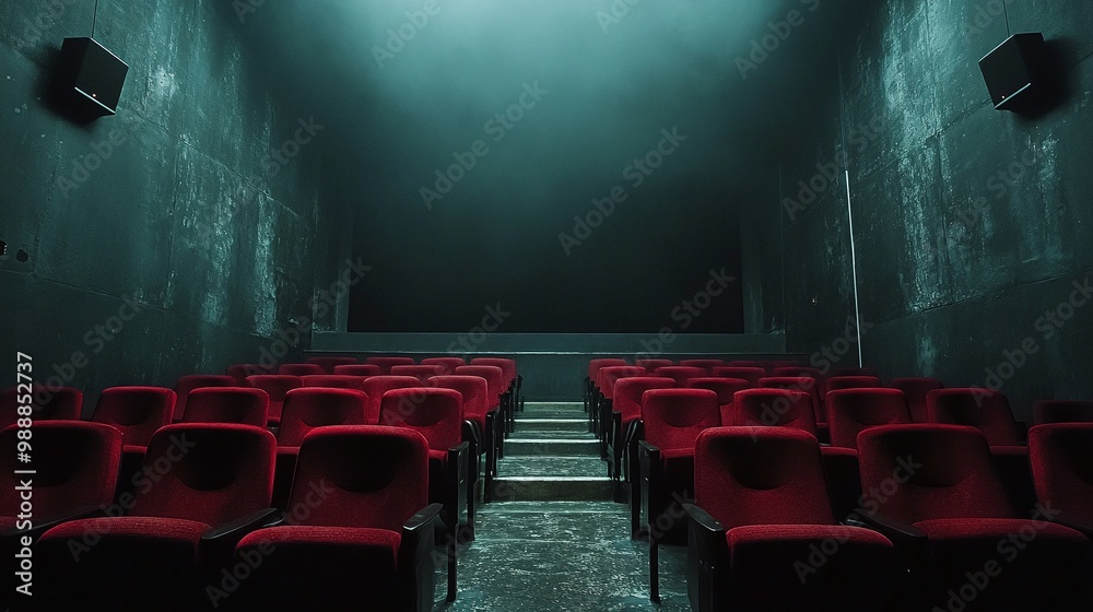 plush red seats in an empty movie theater, rows of cinema chairs inside ...