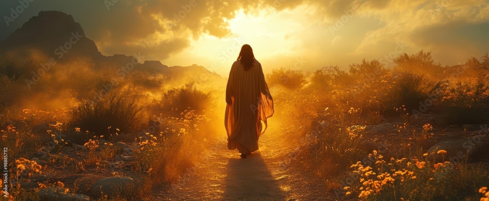atmospheric scene of jesus walking on dusty path towards jerusalem ...