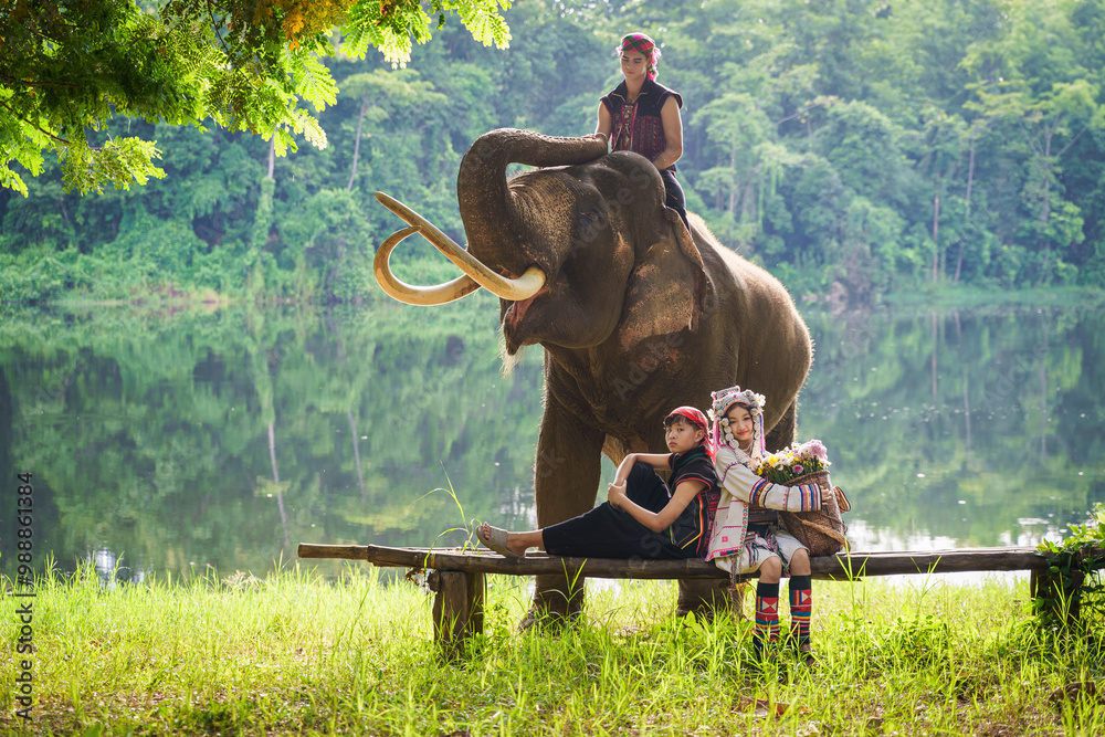 Group of Akha hill tribe enjoys Asian elephants at the Thai Elephant ...