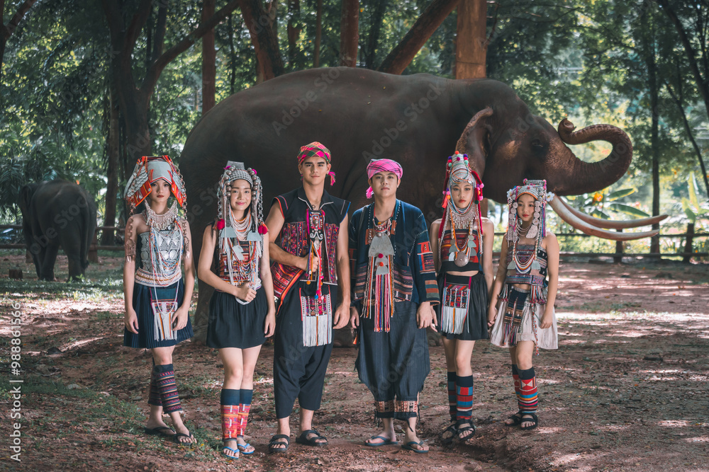 Group of Akha hill tribe enjoys Asian elephants at the Thai Elephant ...