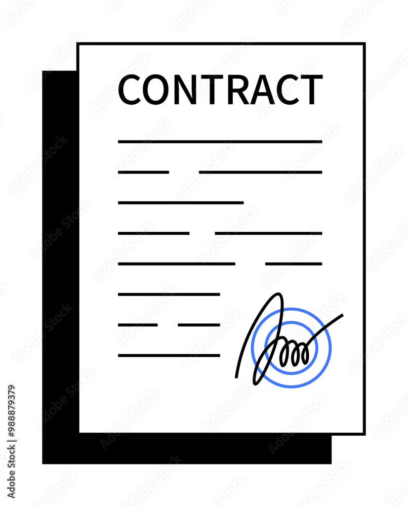 Black and white contract document with lines of text and a blue ...