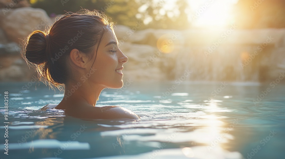 young woman relaxing in a serene bath of natural thermal waters with ...