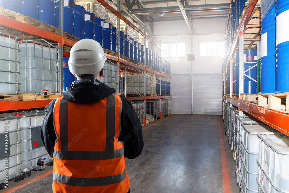 Chemical factory warehouse. Man storekeeper back to camera. Chemical ...