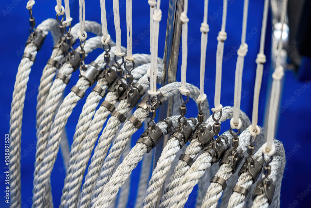 Ropes for rigging. Tackle for fishing. Close-up of rigging ropes ...