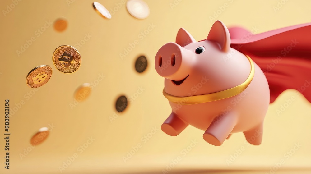 Superhero piggy bank leaping into the air, cape flowing, with coins ...