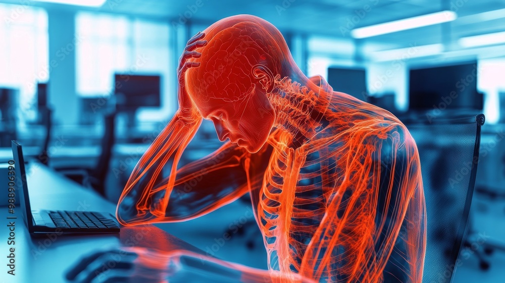 Surreal X-ray view of a worker under stress, showing internal tension ...