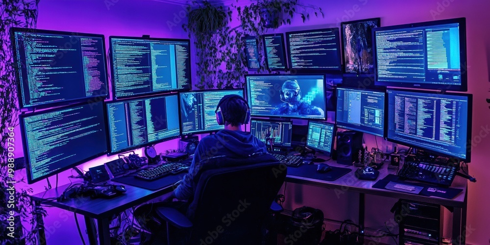 Programmer, multiple screens, codes at night, vibrant workspace, neon lights, monitors ...