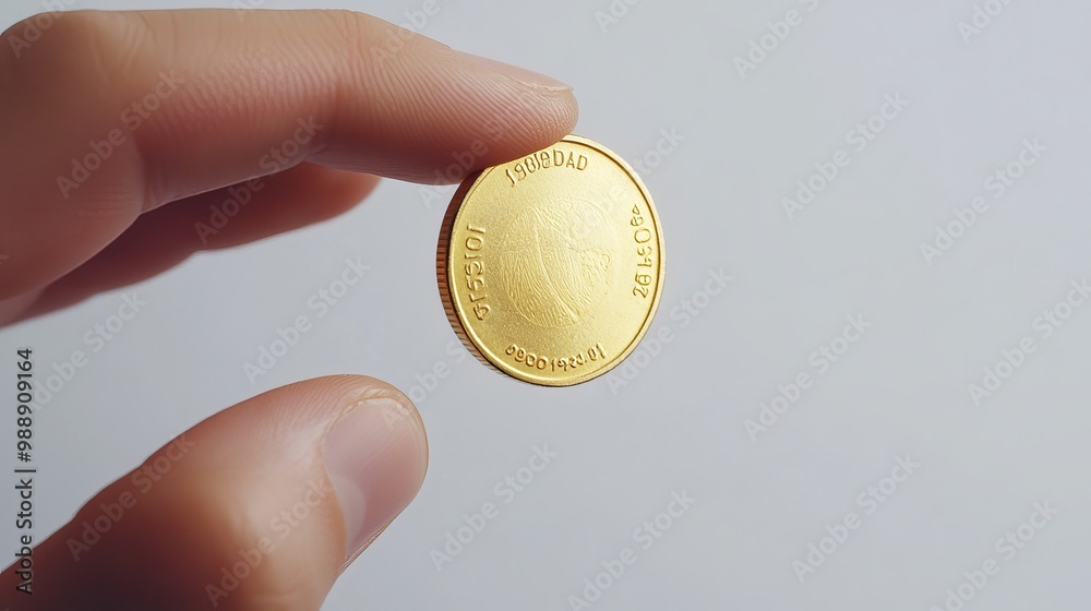 A shiny gold euro coin is held between two fingers, about to be flipped ...
