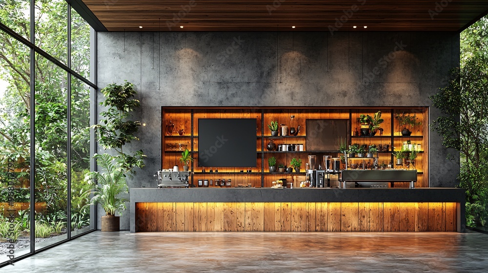 Minimalist cafe design with an industrial steel island, wooden accents ...