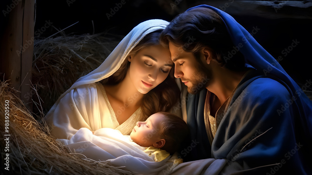 A birth of Jesus Christ, Beautiful Christmas nativity scene. Mary with ...