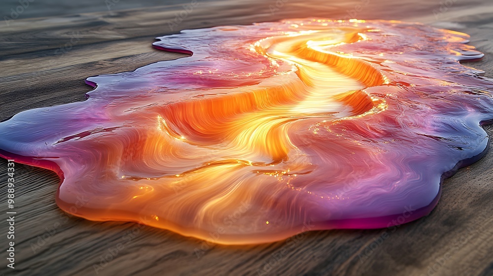 Epoxy resin sunset horizon design on a wooden table, featuring warm ...