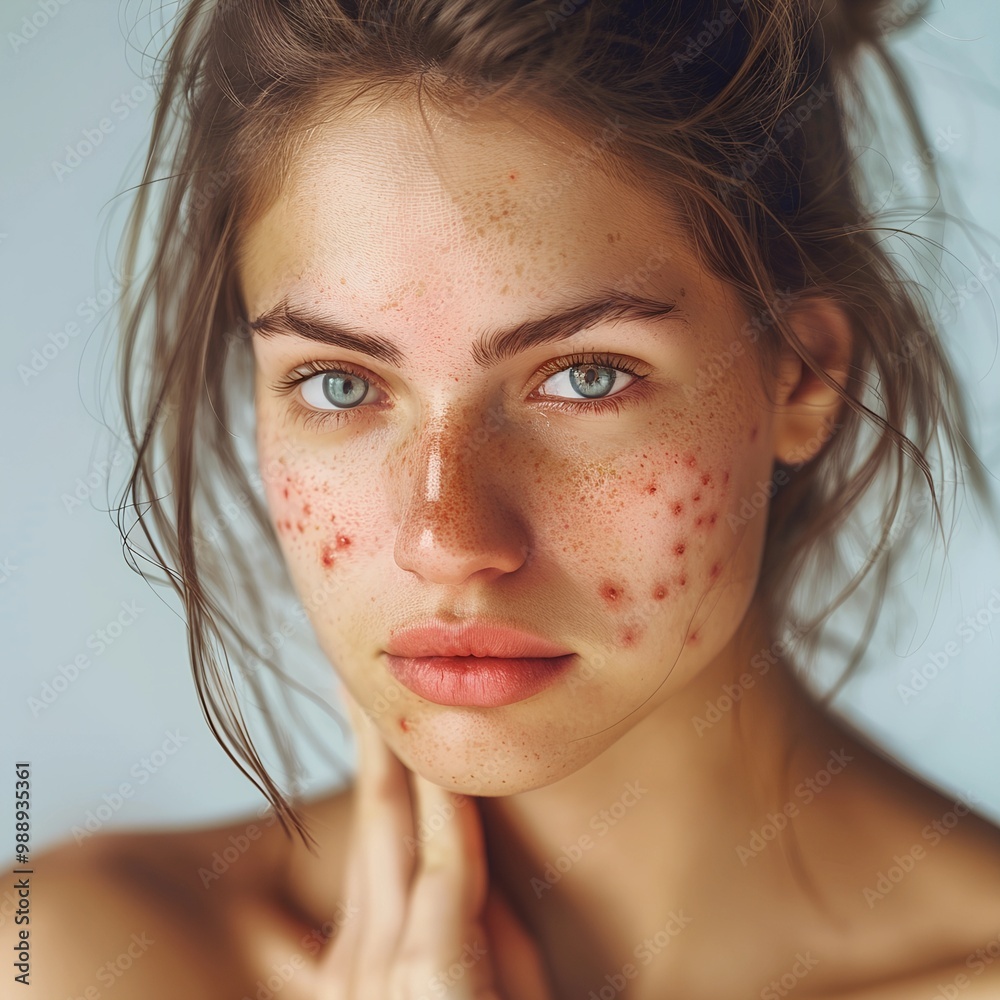 Pimple on face of young woman, facial skin problem. Allergic redness ...