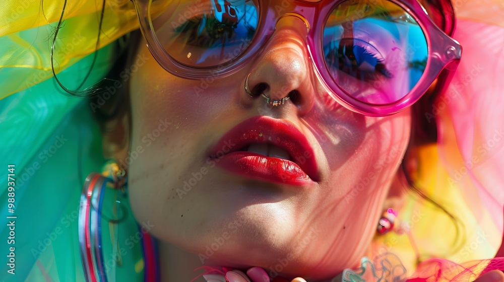 LGBTQ woman in a vivid, multi-colored outfit, captured in close-up to ...