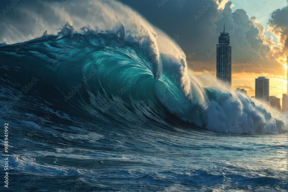 Tsunami threat: colossal wave looming over city skyline.Witness the ...